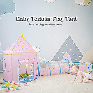 Kids Play Tent 3 Pieces, Pop Up Play Tents with Crawl Tunnel & Ball Pit with Basketball for Kids, Boys, Girls, Babies and Toddlers, Indoor/Outdoor Playhouse, Best Gift for 18 Months-8 Year Old, Pink