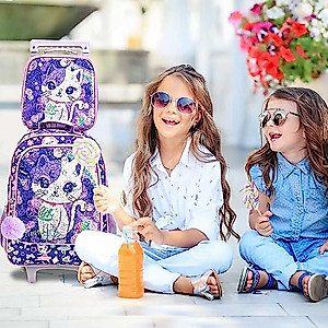 UFNDC 4PCS Rolling Backpack for Girls, Kids Cat Sequin Wheeled Bookbag ，Travel Roller School Bag with Wheels