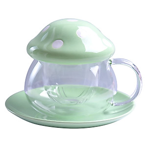 Hyltd Mushroom Tea Cup Mushroom Mug Cute Glass Tea Cups Mushroom Cup Mushroom Tea Mug with Filter Lid Coaster 9.6 Ounces (Green)