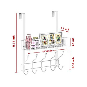 MILIJIA Coat Rack, Over The Door Hanger with Mesh Basket, Detachable Storage Shelf for Towels, Hats, Handbags, Coats (White)