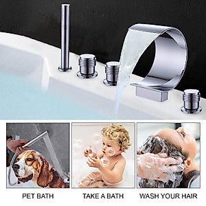 AZOS Waterfall Bathtub Faucet Set with Handheld 5 Holes Bath Tub Faucet Combo Set 3 Handle Waterfall Tub Filler Faucet with Spray 5- Pieces Deck Mount Roman Tub Faucet Trim Kit, Chrome