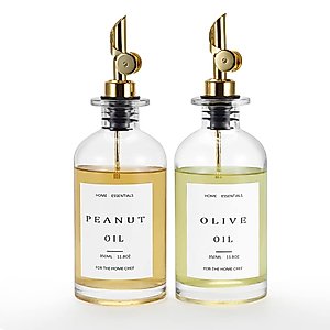 Olive Oil Dispenser Bottle for Kitchen, Coffee Syrup Dispenser w. Weighted Pourer, Glass Bottle Dispenser for Kitchen, Olive Oil Cruet, Glass Olive Olive Bottle | Set of 2 (Gold)