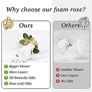 Yastouay 50Pcs 3.5inch Foam Rose Heads White Artificial Flowers Bulk Fake Foam Roses Stemless with Rhinestones & Butterfly for DIY, Baby Bridal Shower Cake Home Wedding Decor