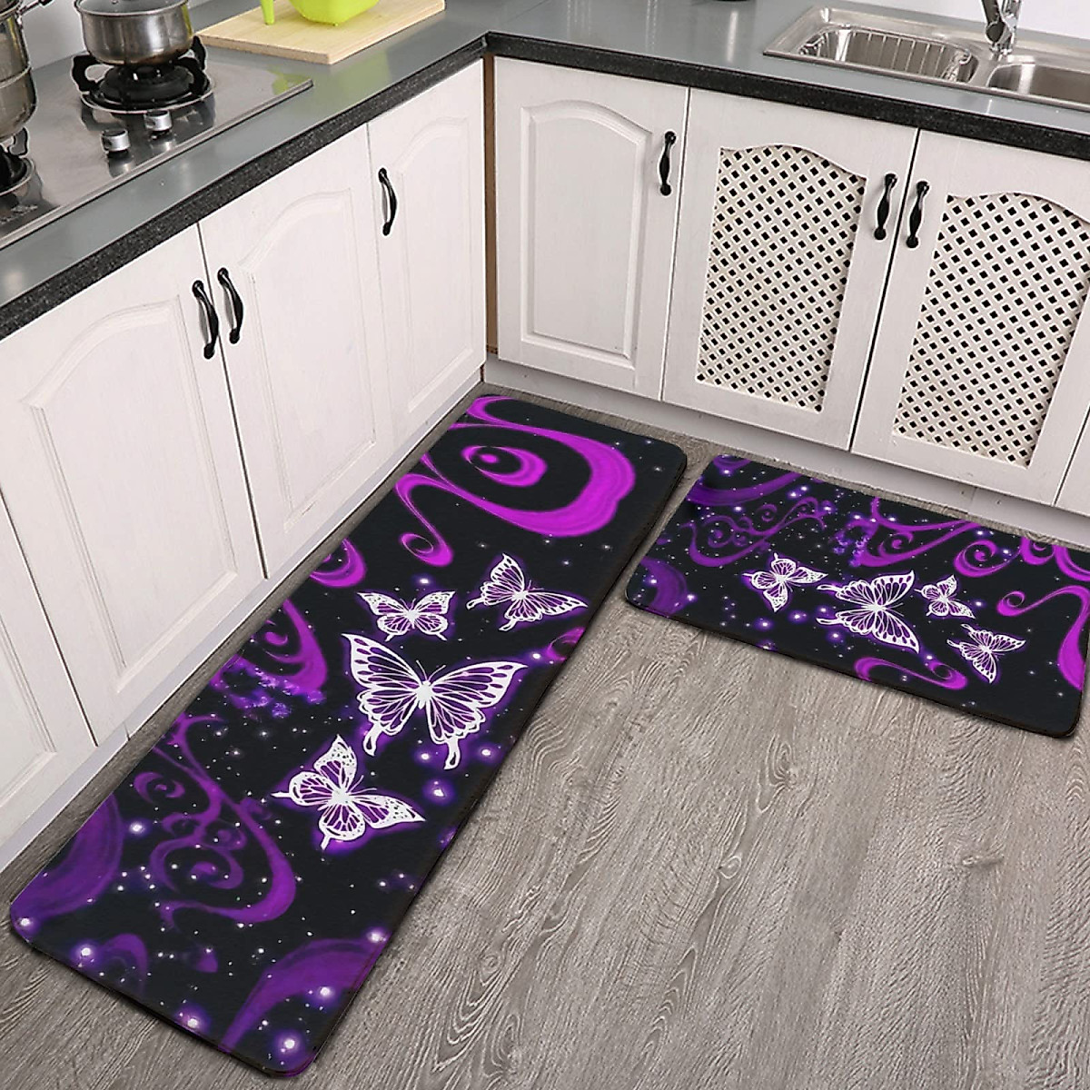 YouTary Purple Butterfly Geography Kitchen Rug Set 2 PCS Floor Mats Washable Non-Slip Soft Flannel Runner Rug Doormat Carpet for Kitchen Bathroom Laundry