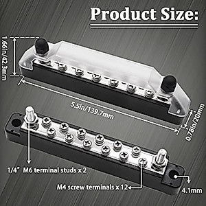 Seamaka (Red+Black) Power Distribution Terminal Block with Cover with 2 x 1/4"(M6) Terminal Studs,12 x M4 Terminal Screws,Battery Bus Bar with Ring Terminals for Car Boat Marine O-060