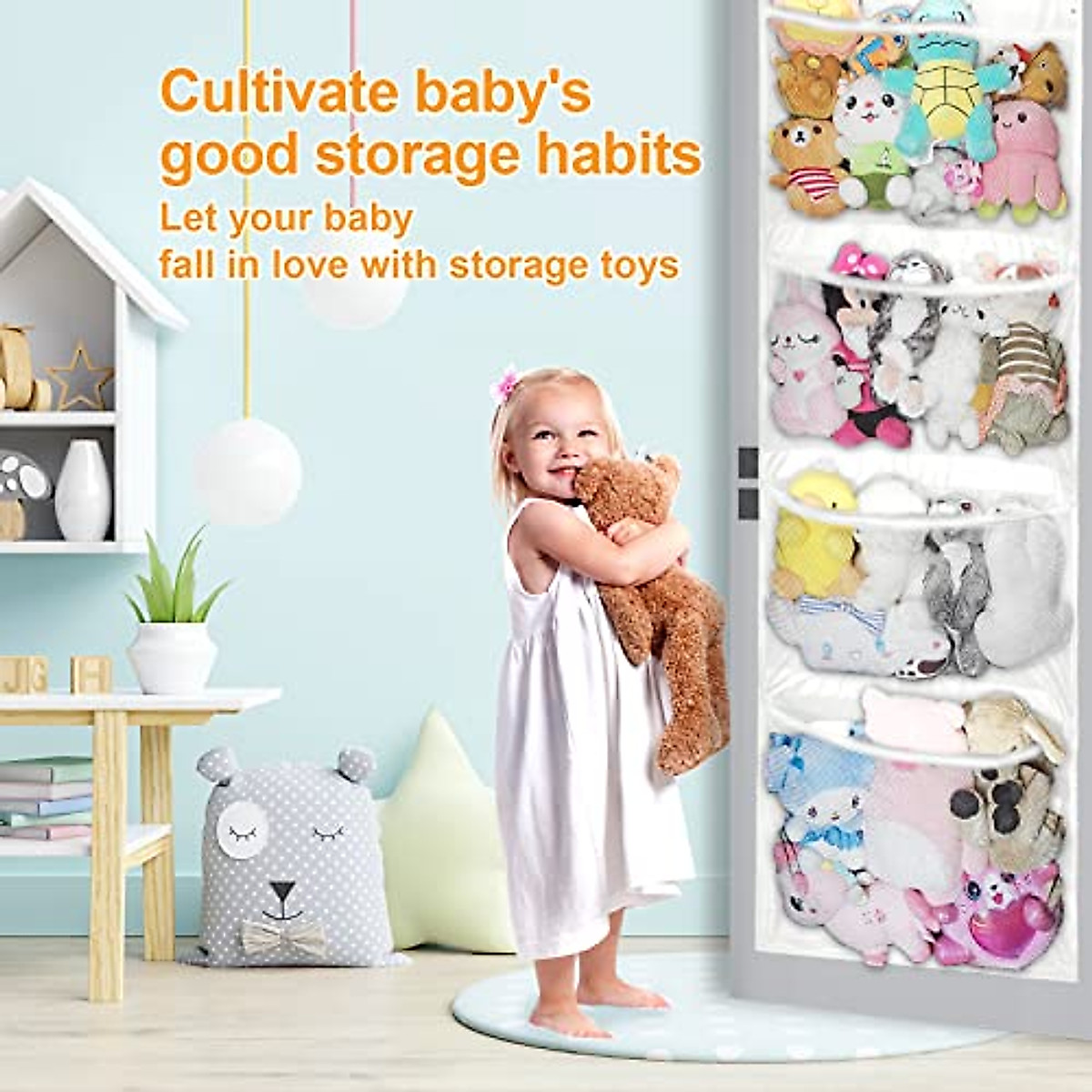Adgoaler Stuffed Animal Storage, Over Door Stuff Animals Organizer with 4 Large Pockets for Kids Plush Stuffies, Hanging Toy Plush Storage for Nursery, Bedroom, Easy Installation (White)
