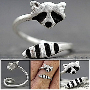 Ronliy Creative Silver Color Raccoon Female Ring Cute Animal Opening Rings for Women Party Adjustable Jewelry W Sv Resizable
