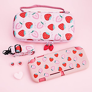 RHOTALL Carrying Case for Nintendo Switch Lite, Cute Case Cover Accessories Bundle for Switch Lite with TPU Protective Shell, Adjustable Shoulder Strap, Screen Protector and 2 Thumb Caps - Strawberry