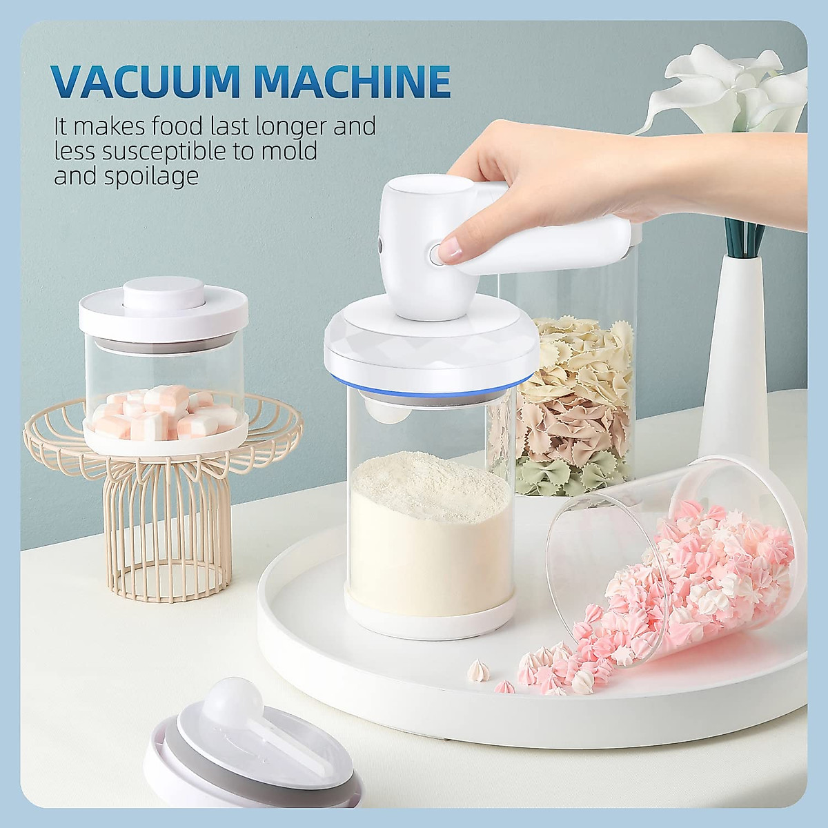Mason Jar Vacuum Sealer Food Saver Jar Sealer 6 in 1 Electric Handheld Vacuum Sealer Air Pump for Wide and Regular Mouth Mason Jar Compatible with Food Saver Vacuum Sealer Machine (White)
