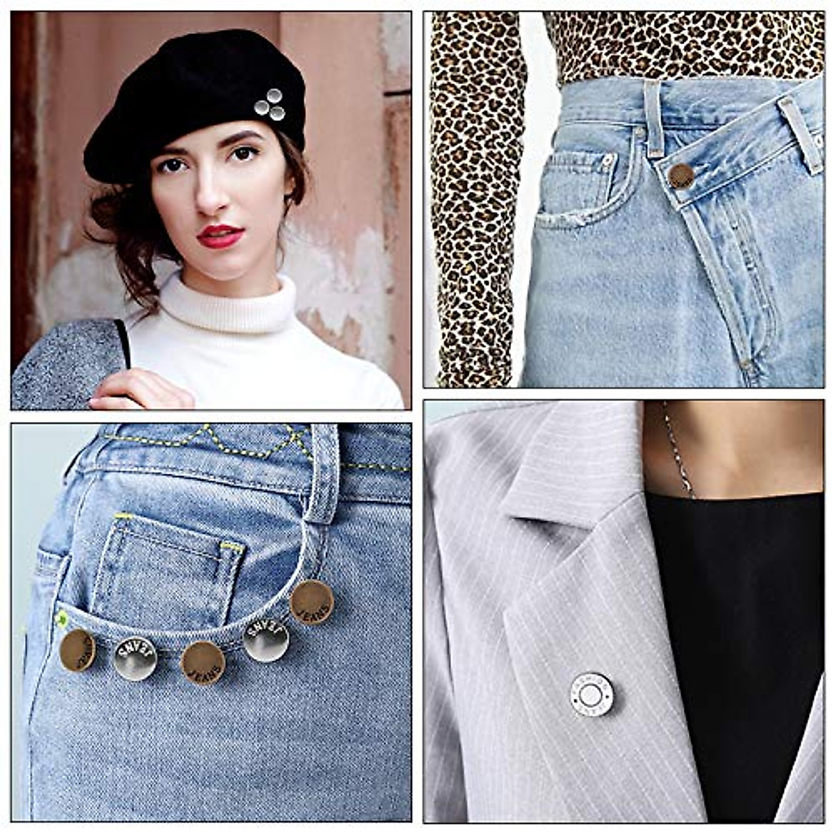 TOOVREN Upgraded 8 Sets Button Pins for Jeans Pants, No Sew Perfect Fit Jean Button Tightener Replacement Adjustable Reusable Metal Clips Snap Tack, Instant Reduce Too Big Pants Waist