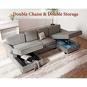 Ucloveria Sofas & Couches, Modern U-Shaped Sectional Sofa with Sleeper Sofa Bed and Double Storage Spaces, 3 Pillows Included, Reversible Chaise for Living Room Furniture Sets, Gray