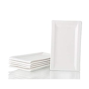 Hinomaru Collection White Porcelain Rectangular Serving Plates Set of 6 Durable Porcelain Multi Purpose Platters Party Tray Home Use Plates Restaurant Supply (10.5" L x 6.25" W x 1" H)