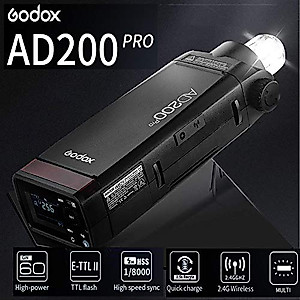 Godox AD200 Pro AD200Pro Flash Strobe Monolight, TTL Pocket Flash Speedlite, 2.4G 200W 1/8000s HSS 2900mAh Li-ion Battery, 500 Full Power Flashes, Bare Bulb/Speedlite Fresnel Flash Head