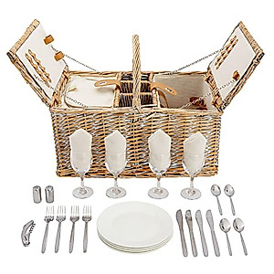 Wicker Picnic Basket Set for 4 with Insulated Cooler Bag, Silverware, Glasses, Napkins, Double Lid, Straw/White Finish