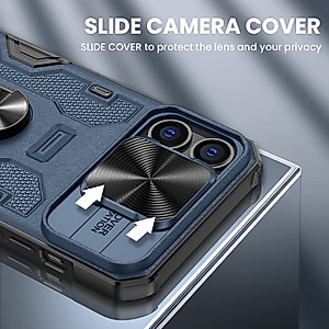 VEGO Compatible for iPhone 13 Pro Max Case & iPhone 12 Pro Max Stand Case with Slide Camera Cover, Built-in 360° Rotate Magnetic Ring Kickstand Heavy Duty Protective Cover Case - Blue