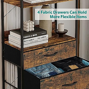 VASICAR 4-Tier Tall Bookshelf with 4 Drawers, Multifunctional Open Bookcase, Storage Shelf Dresser for Living Room, Office, Bedroom, Kitchen, Free Drawer Divider (Rustic Brown)