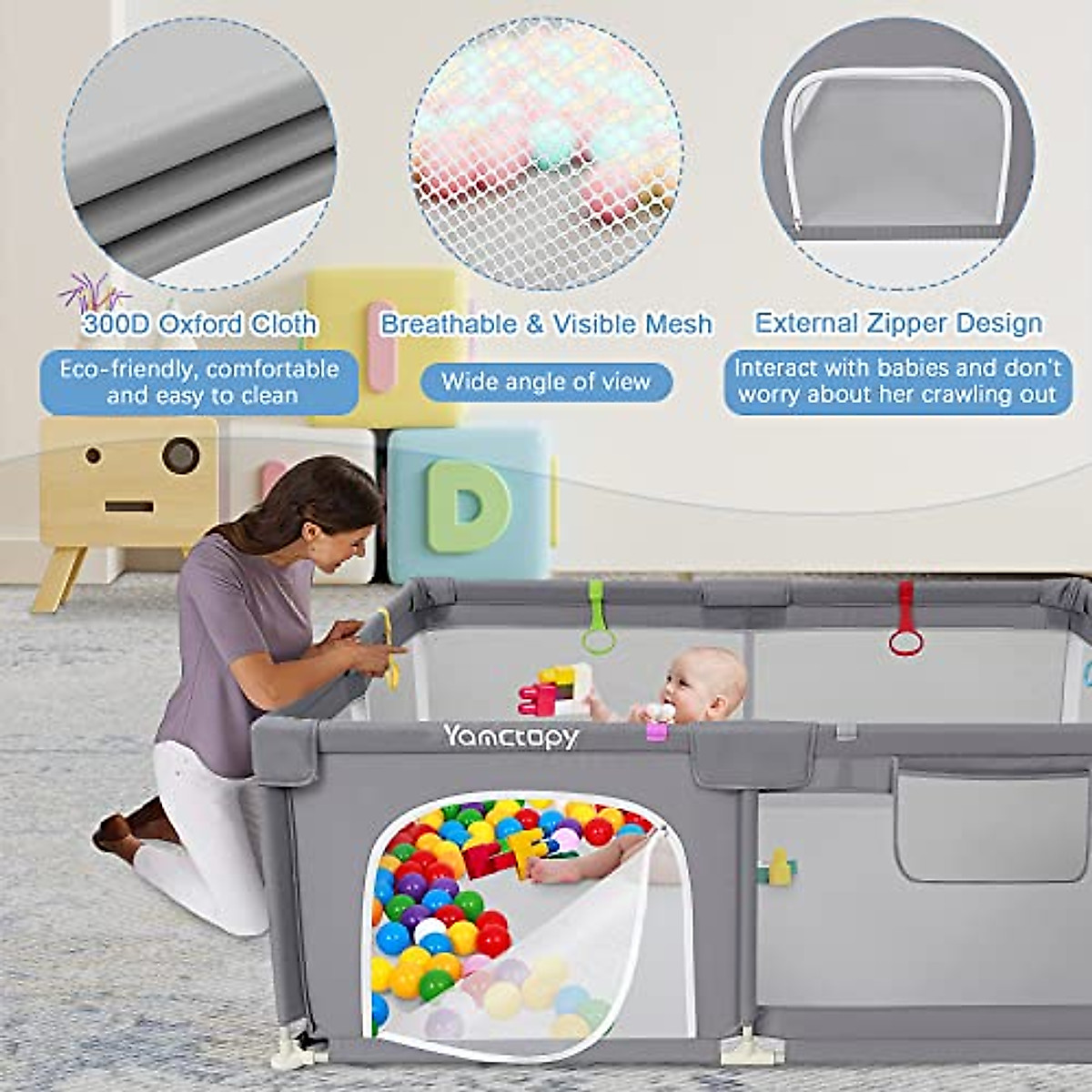 Baby Playpen 71" x 59", Yamctopy Playpens for Babies and Toddlers, Extra Large Baby Fence with Anti-Slip Base, Sturdy Safety Baby Playpen with Soft Breathable Mesh Grey