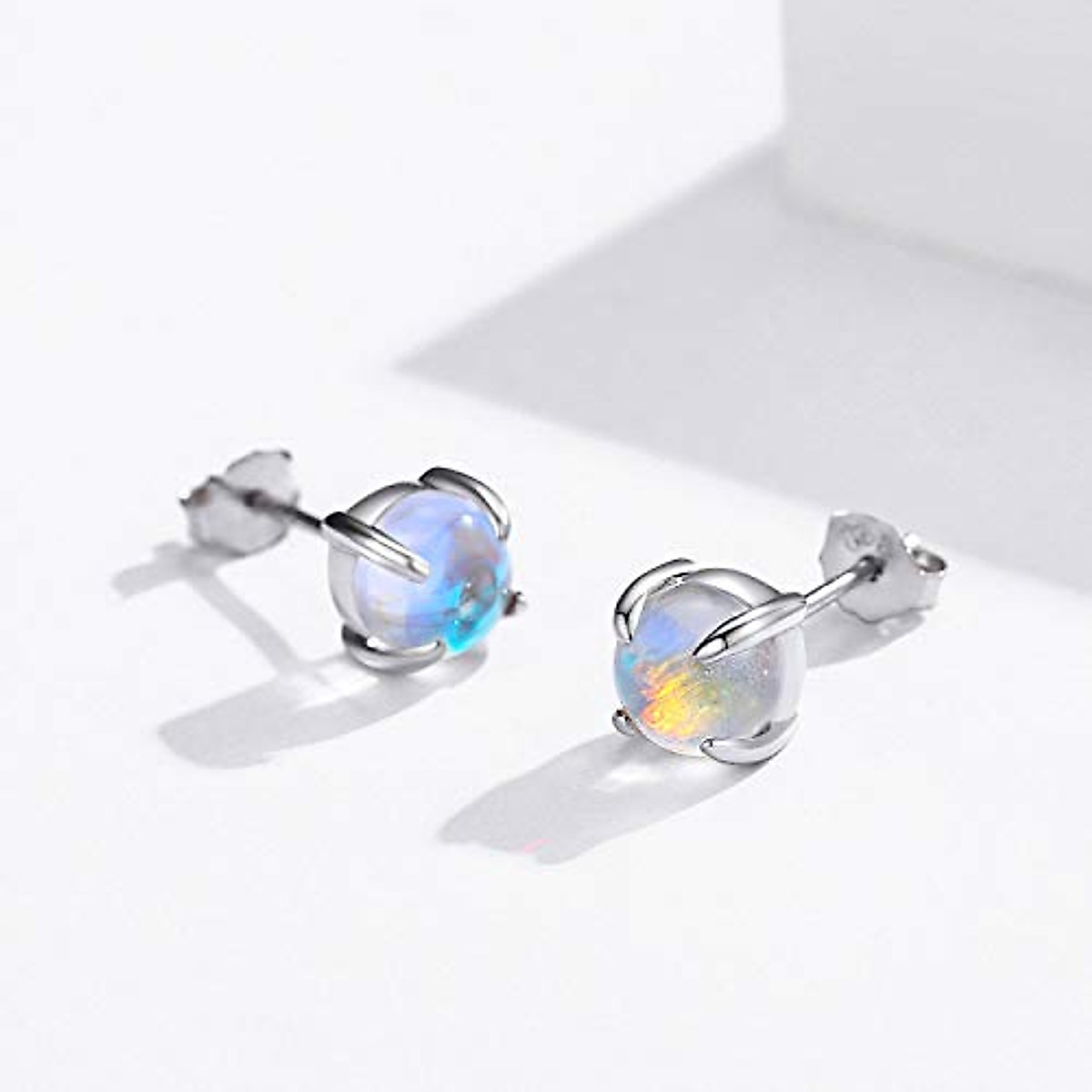 Moonstone Earrings 925 Sterling Silver Round Synthetic Moonstone Stud Earrings Moonstone Jewelry for Women Hypoallergenic Earrings for Sensitive Ears (A-Silver, 6)