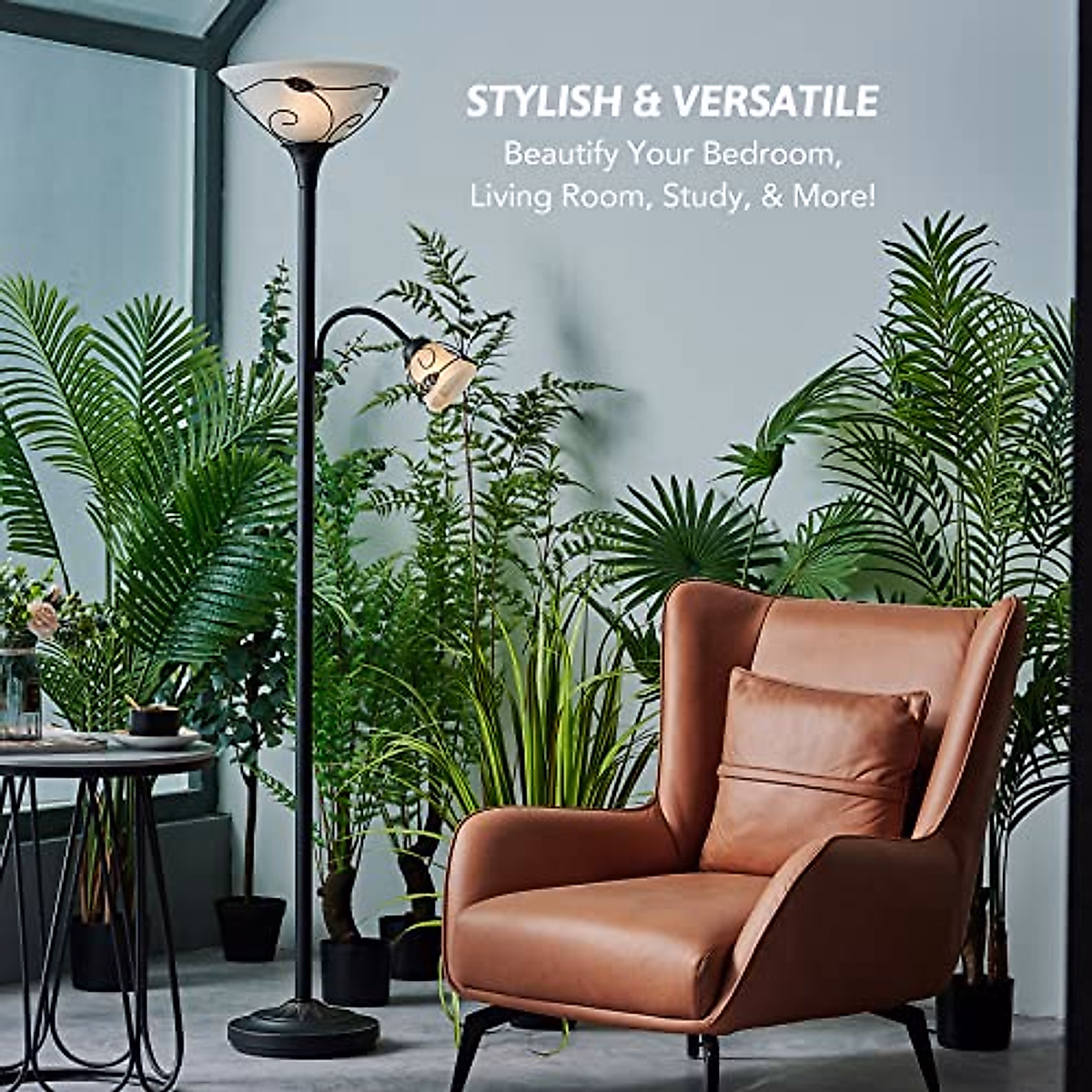 VONLUCE Torchiere Floor Lamp with Side Reading Light, 3-Way Switch Combo Antique Bronze Mother Daughter Floor Lamp with Glass Shade, 71" Desk Floor Lamp for Living Room Corner Bedroom Home Office