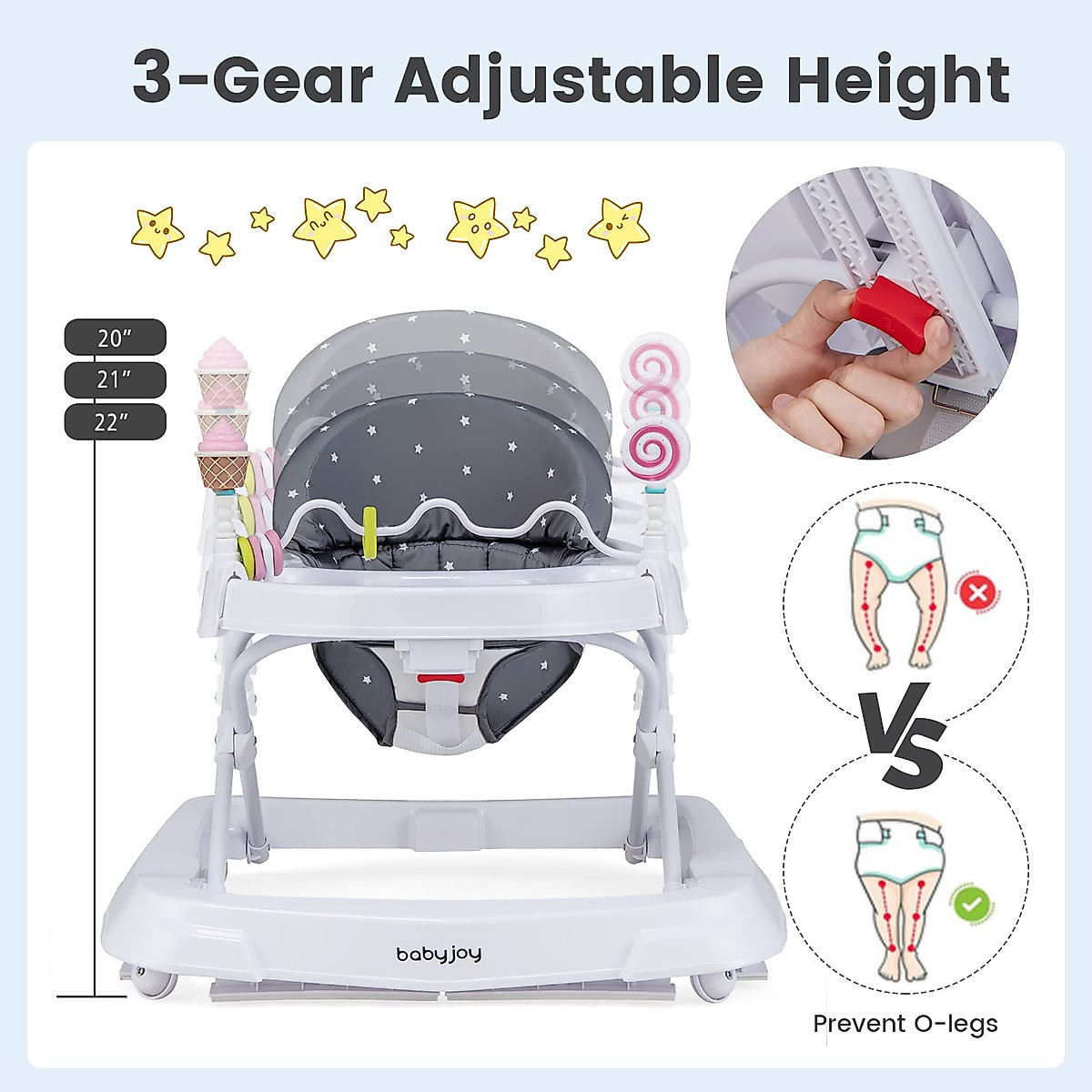 BABY JOY Baby Walker, Foldable Activity Walker Helper with Adjustable Height, Baby Activity Walker with High Back Padded Seat & Bear Toys (Gray, Star Pattern)