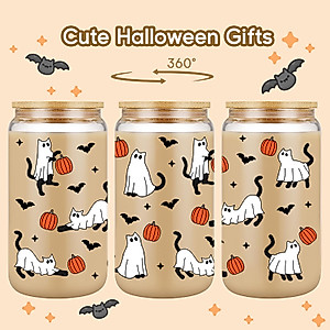 Fairy's Gift Halloween Ghost Cat Iced Coffee Cup, Halloween Cat Pumpkin Glass Tumbler, 16 oz Halloween Glass Cup with Lid Straw, Boo Basket Stuffers, Spooky Halloween Gifts for Cat Lover, Women Teen