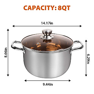 DricRoda Soup Pot 8 Quart Pot Stainless Steel Pasta Pot, Nonstick Stock Pot Cooking Pot with Lid and Handles, Large Pot Big Pot for Cooking Glass Lid Stockpot for Home Restaurant Party Dishwasher Safe
