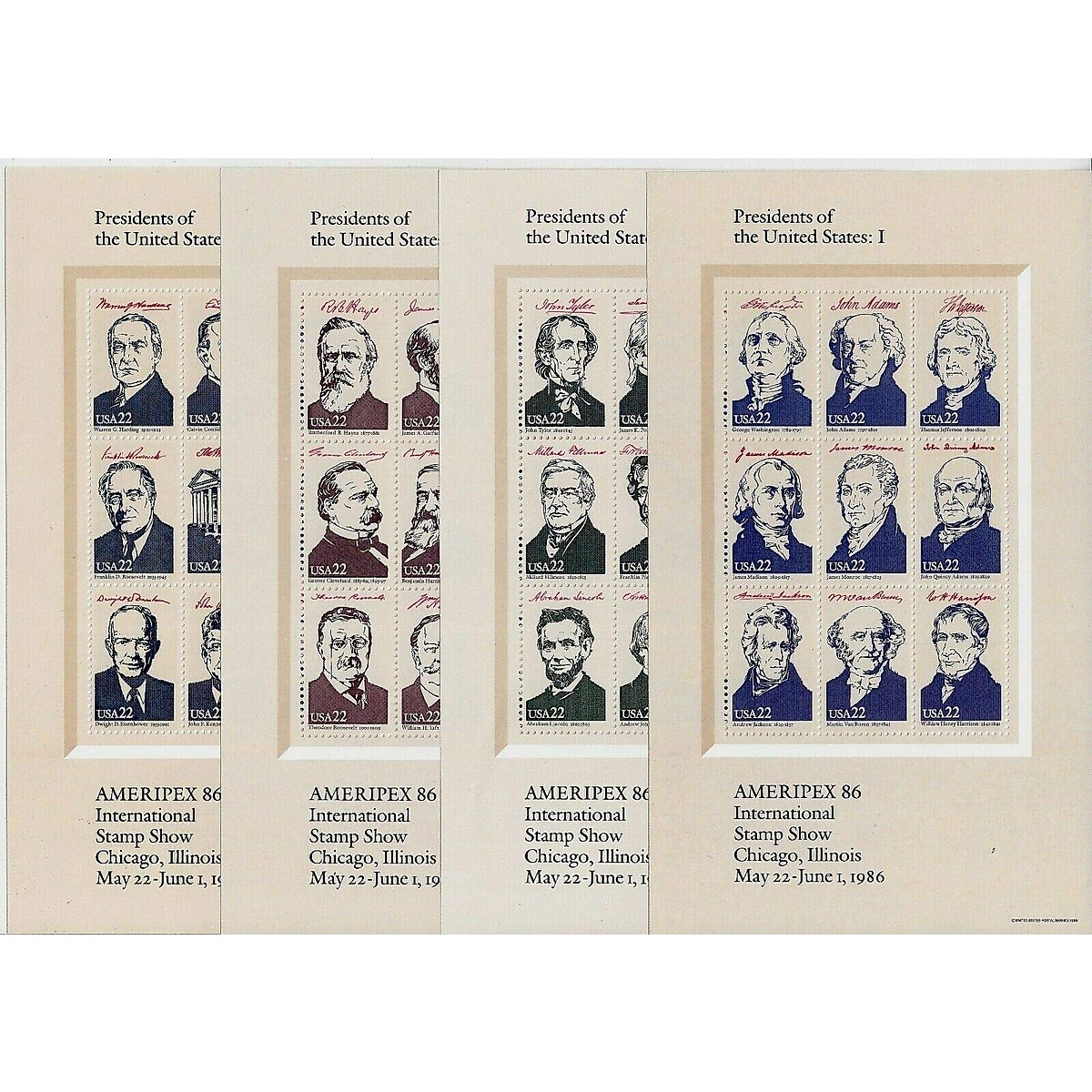1986 Ameripex '86 4 Sheets 22¢ US Postage Stamps Scott #2216-19