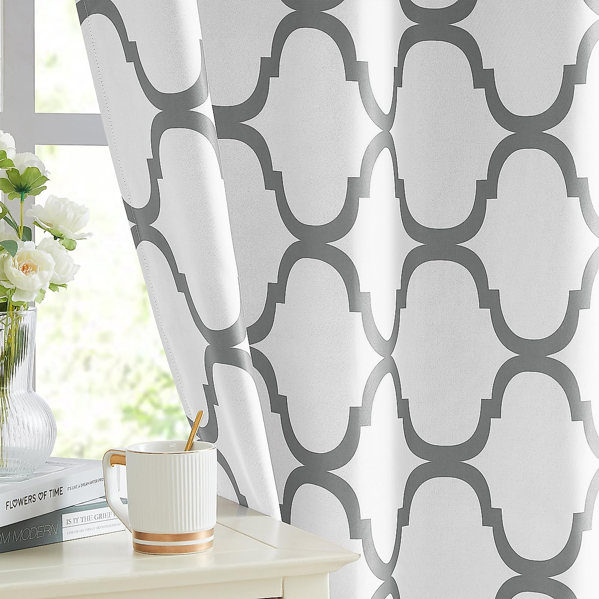 Melodieux Moroccan Fashion Thermal Insulated Room Darkening Blackout Grommet Curtains for Living Room, 42 by 84 Inch, Off White/Grey (2 Panels)