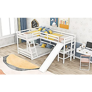 GINGVAT L Shaped Bunk Beds for 3, Wooden Triple Bunk Bed with Slide and Desk, Twin Over Full Bunk Bed & Twin Size Loft Bed with Desk for Kids Teens,No Spring Box Needed,White