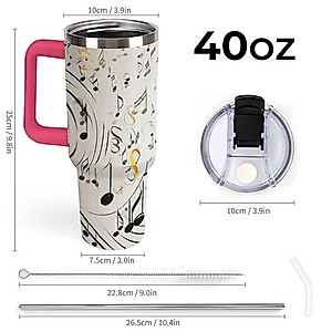 LLUTSNTH 40 Oz Vacuum Tumbler with Light Rose Red Handle Leakproof Insulated Tumbler Music Notes Print Stainless Steel Travel Mug with Lid And Straw Coffee Cup Cute Water Bottles Cup Holder Friendly