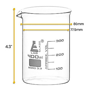 EISCO Beaker, 400ml - Low Form with Spout - White, 50ml Graduations - Borosilicate 3.3 Glass