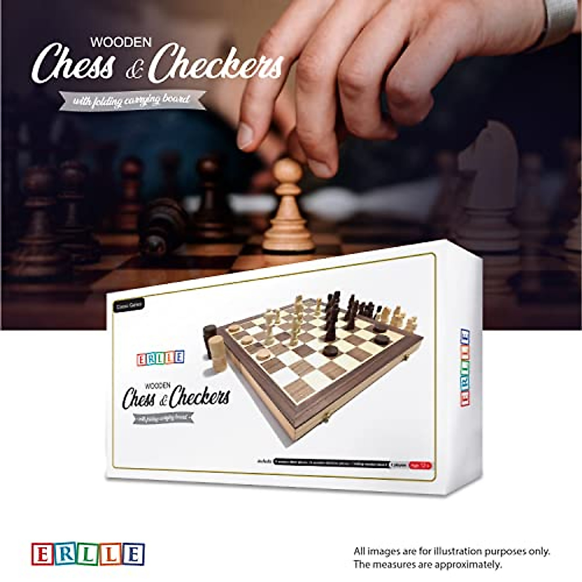 Wooden Chess & Checkers Game Board Set. Large 15x15 Wood Classic Unique Portable Travel Sets. Ajedrez