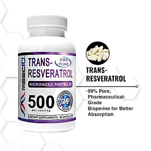 MAAC10 Trans Resveratrol 500mg Supplement (Micronized Pharmaceutical Grade 99% Pure Trans-Resveratrol Extract + BioPerine for Superior Absorption) (2X 250mg Capsules 60ct)