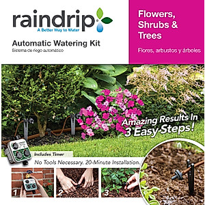 Raindrip SDFSTH1P Automatic Drip Irrigation Watering Kit with Timer for Flowers, Shrubs, and Trees, Waters up to 10 Plants, Includes Timer with Customizable Settings, 2 GPH Drippers