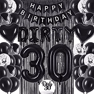 30th Birthday Decorations Set - Happy 30th Birthday Decorations with Happy Birthday Banner, Black Foil Curtains, Dirty 30 Balloons Kit, Black Cake Topper - 30 Birthday Decorations for Men