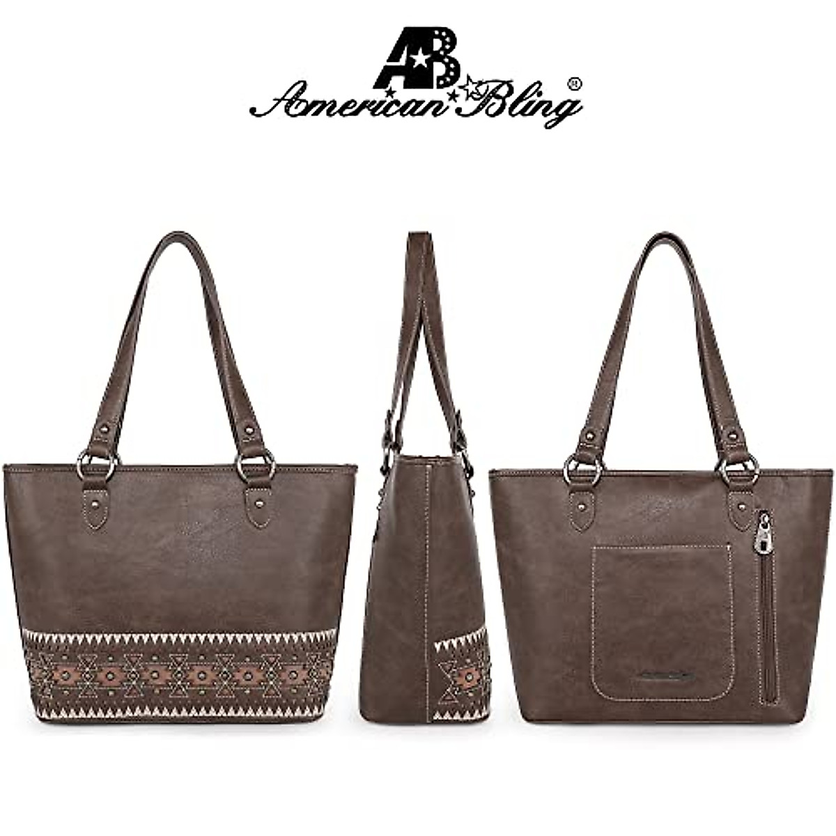 American Bling Tote Bag for Women Western Shoulder Bags Top Handle Satchel Vegan Leather Purse and Handbag 2 PCS Set with Wallet Coffee SC-ABT-G1005CF+W