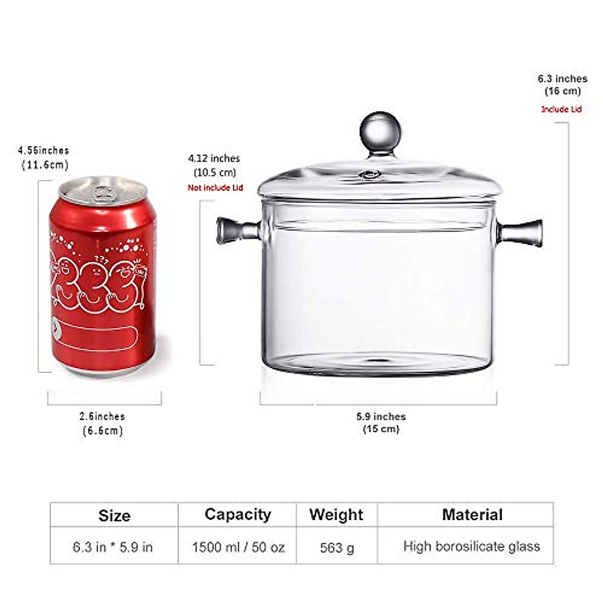 Glass Saucepan with Cover, 1.5L/50 FL OZ Heat-resistant Glass Stovetop Pot and Pan with Lid, The Best Handmade Glass Cookware Set Cooktop Safe for Pasta Noodle, Soup, Milk, Baby Food