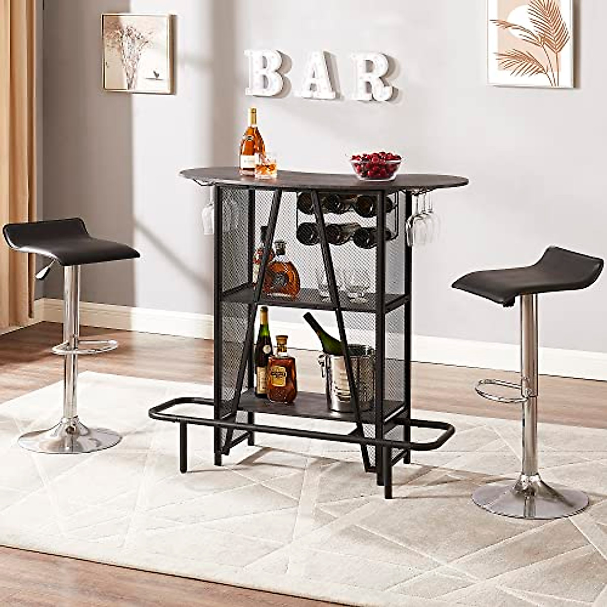 VECELO Bar Unit with Metal Mesh Front, 3-Tier Wine Rack Table with Glasses Holder, Home Liquor Cabinet with Storage and Footrest for Living Room, Kitchen, Cement Grey
