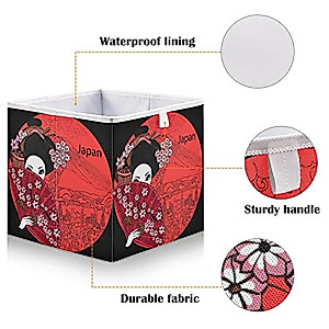 Japanese Woman Girl Hairstyle Cherry Blossoms Mount Fuji Red Style Rectangular Storage Basket Bin, Collapsible Storage Box, Foldable Nursery Baskets Organizer for Toy, Clothes Easy to Assemble