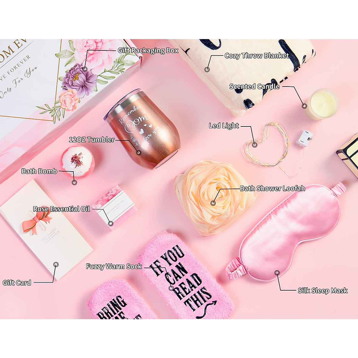 Birthday Gifts for Mom - Mothers Gifts from Daughter Son Husband, 11Pcs Relaxing Spa Gift Basket Set, Care Package Get Well Soon GiftsBasket, Letter Blanket Tumbler Unique Gift Ideas