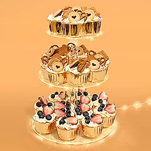 HURZMORO 3 Tier Round Acrylic Cupcake Tower Stand for 24 Cupcakes, Dessert Stands with LED String Light,3 in 1 Ice Cream Lolliopop Cupcake Display for Birthday Wedding Graduation Baby Shower Tea Party