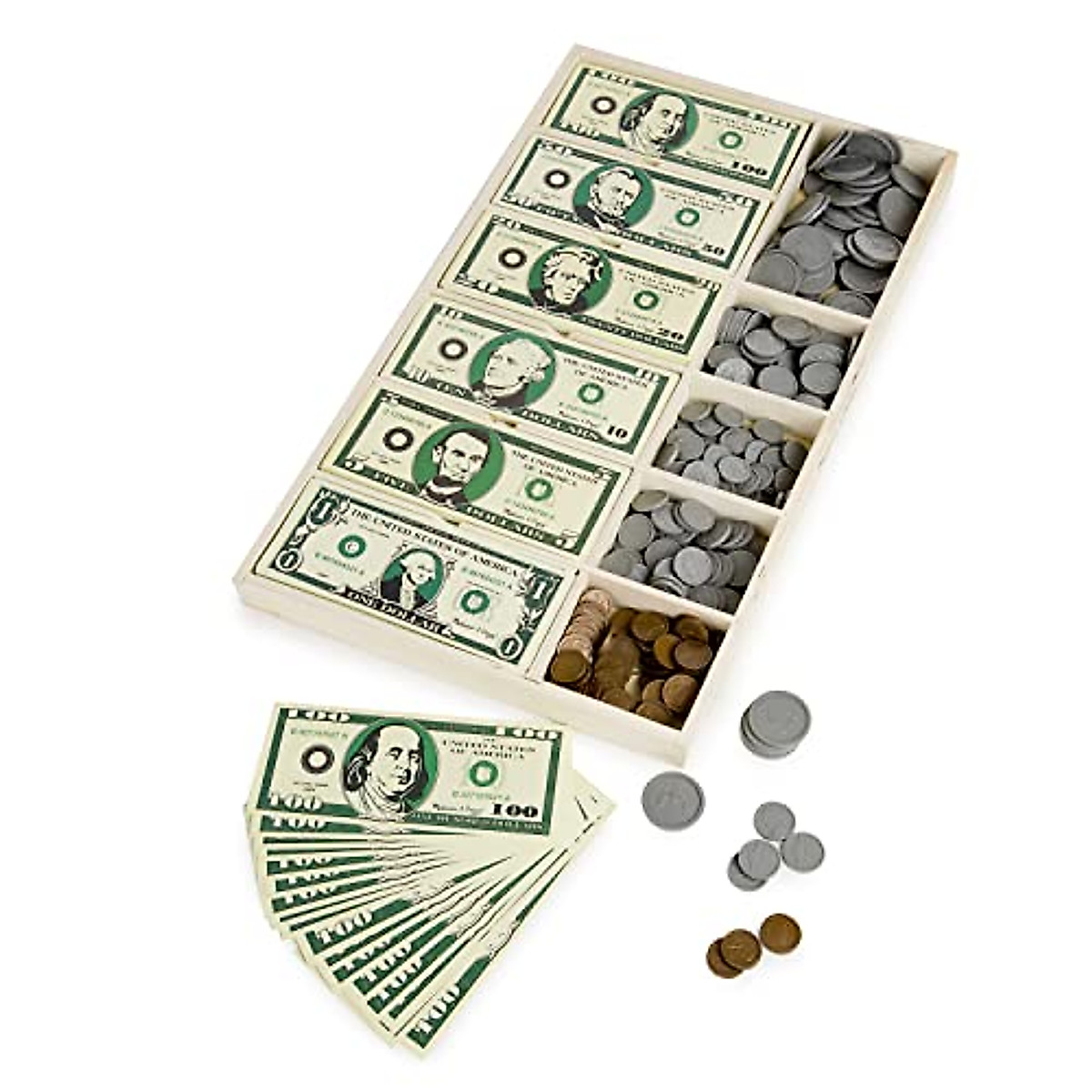 Melissa & Doug Play Money Set - Educational Toy With Paper Bills and Plastic Coins (50 of Each Denomination) and Wooden Cash Drawer for Storage