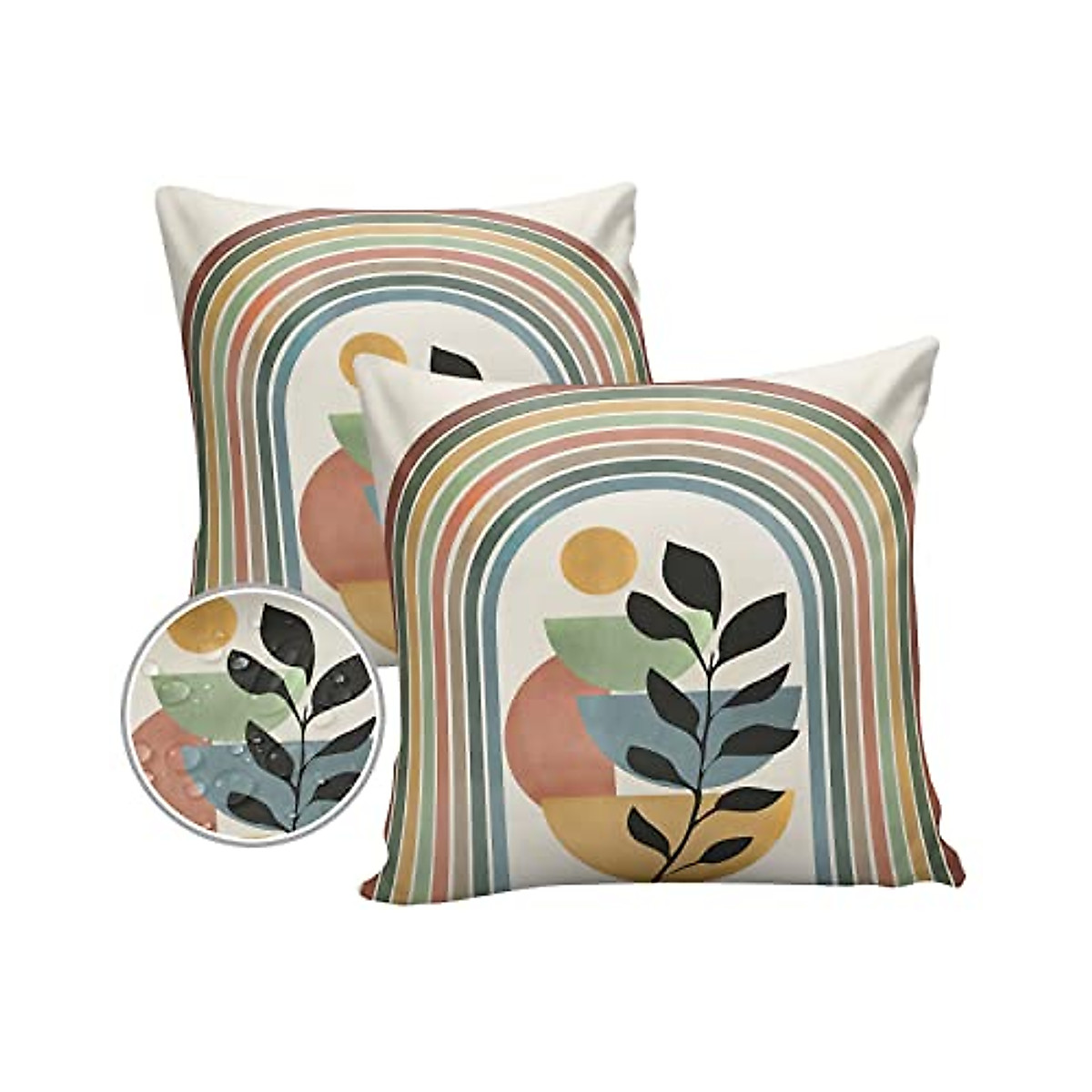 Outdoor Pillow Covers Waterproof, Boho Geometry Throw Pillowcase Decorative Cover, Rainbow Striped Middle Century Northern Europe Garden Cushion Case Set of 2 for Sofa, Couch, Tent, Patio 16"x16"