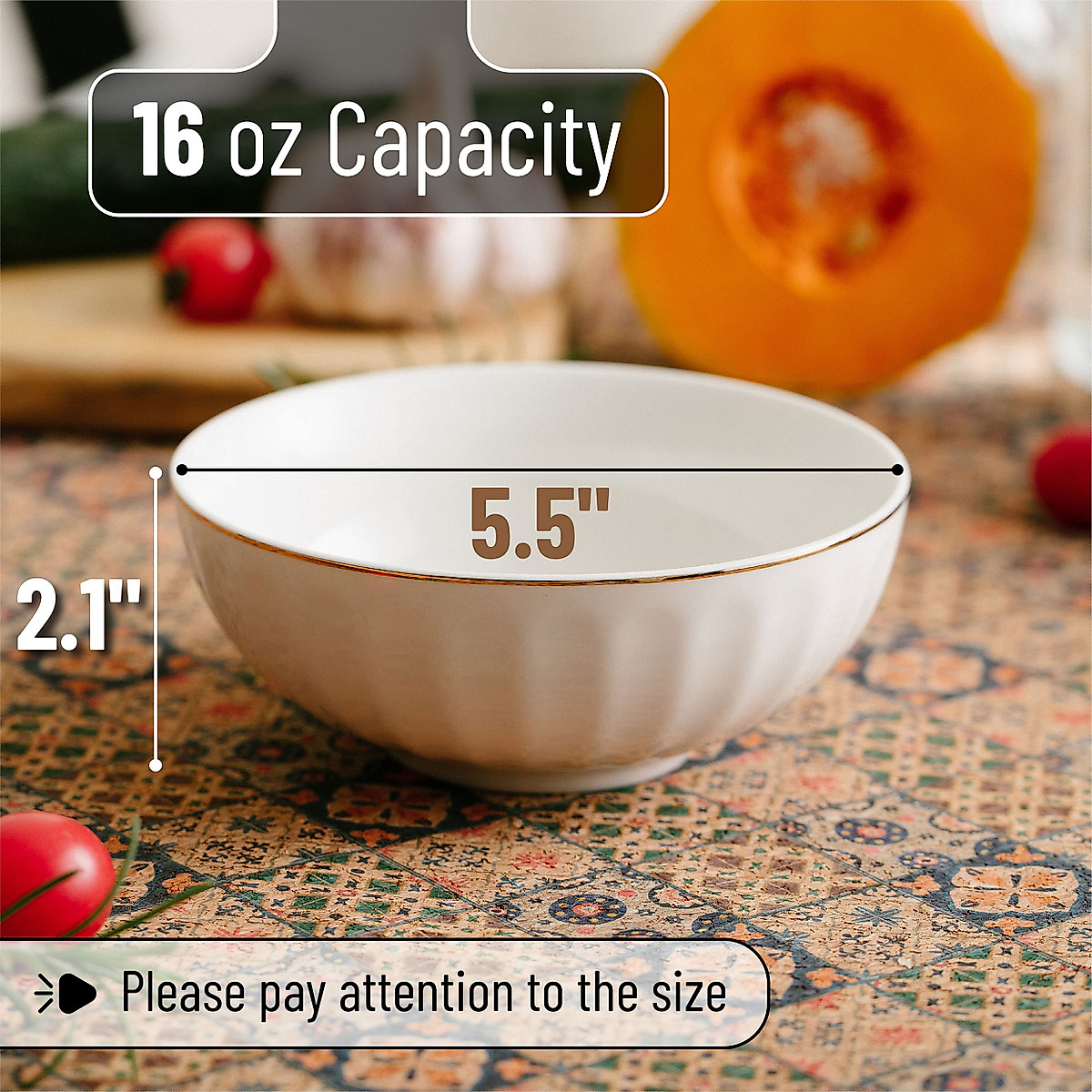 BTaT- White Porcelain Bowls with Gold Trim, 16 Ounces, Set of 6, White Bowls Set of 6, White Cereal Bowls, White Salad Bowls, Porcelain Cereal Bowls, Porcelain Soup Bowls, Deep Bowls