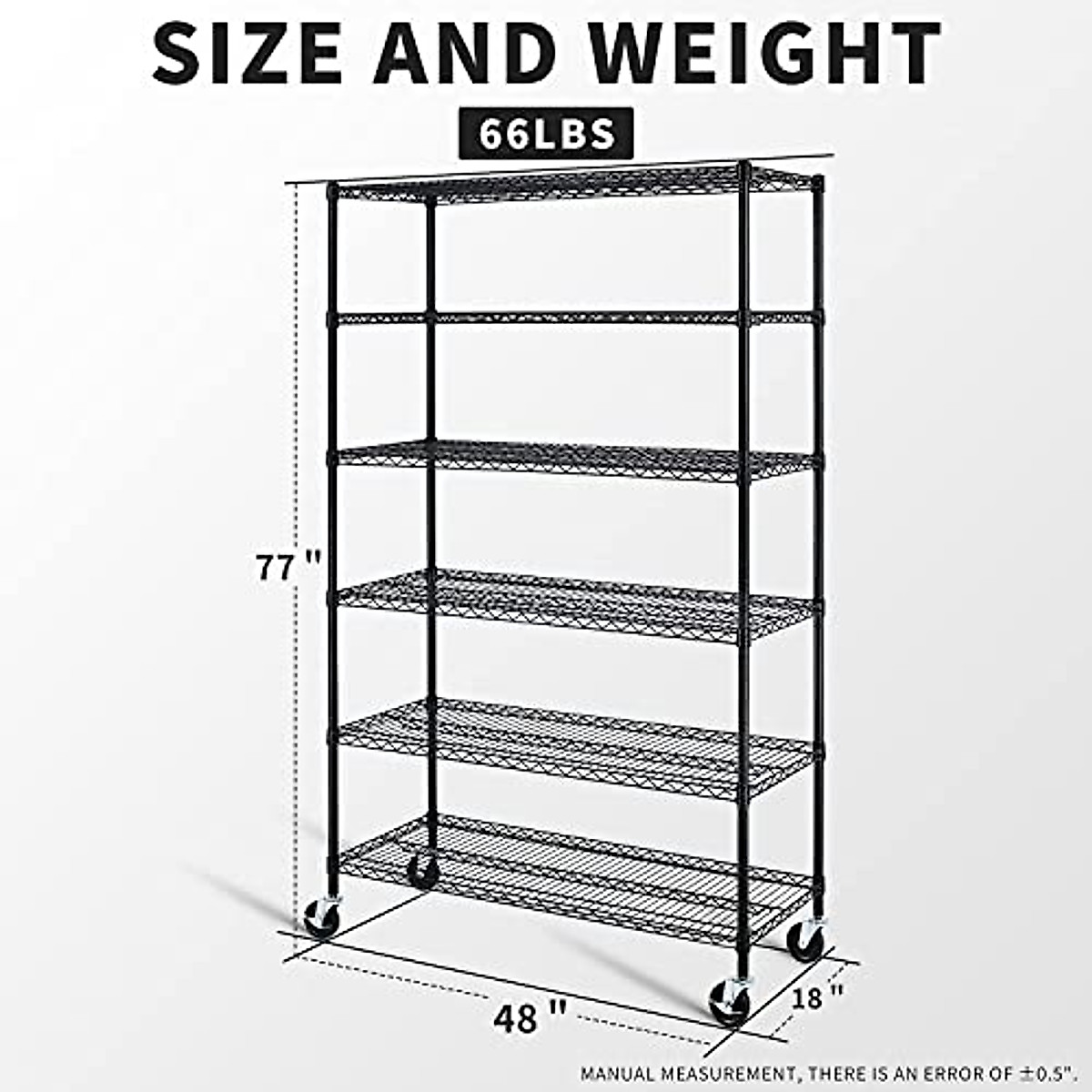 Garage Shelving, 78"x48"x18" Metal Shelves 6 Tier Wire Shelving Unit Adjustable Heavy Duty Sturdy Steel Shelving Rolling Cart with Casters for Pantry Garage Kitchen (Black)