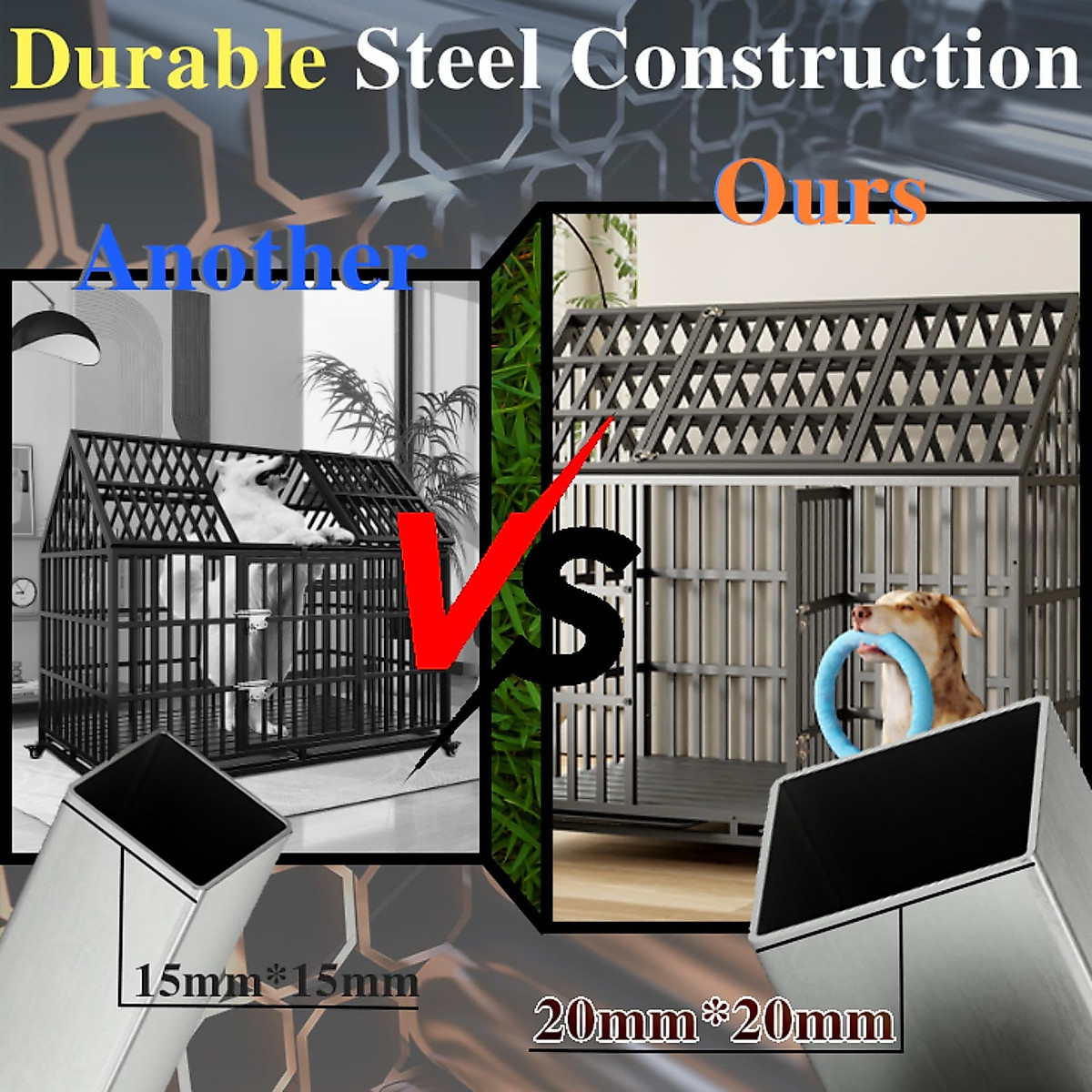 Afqxf Large Dog Crate Cage, 47'' Heavy Duty Galvanized Iron Dogs Cage Kennels Crates Furniture with Front Door, Top Door and 4 Lockable Wheels, Perfect for Patio, Home, Backyard, Black