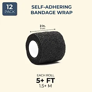 Juvale 12-Rolls Self Adhesive Bandage Wrap, Vet Tape - 2 in x 5 Yds Breathable, Elastic Cohesive Wrap Tape for Wrist, Swelling, Sports, Tattoo (Black)