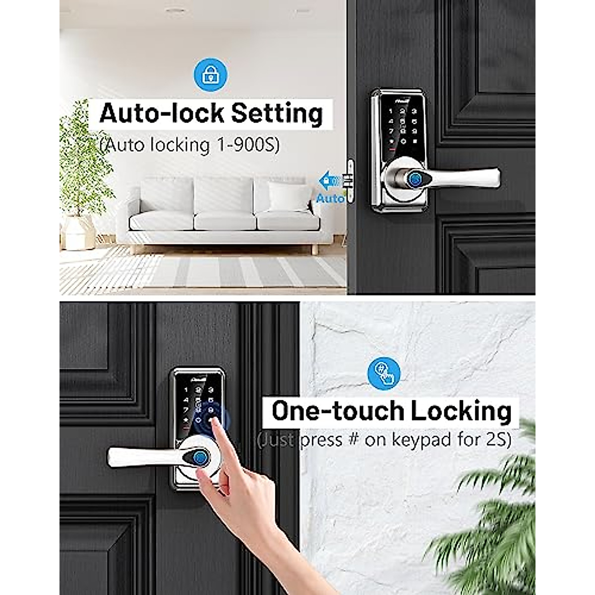 Smart Door Lock for Front Door, Zowill 7-in-1 Fingerprint Deadbolt with App Control, Keyless Entry Door Lock with Handle, Biometric, Auto Lock, Easy Installation, for Home, Office and Airbnb