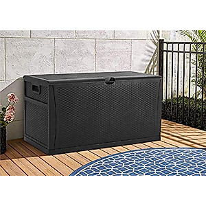 Oakmont 120 Gallon Patio Deck Box, Outdoor Large Resin Wicker Storage Container Garden Furniture for Outdoor Cushions, Throw Pillows, Black