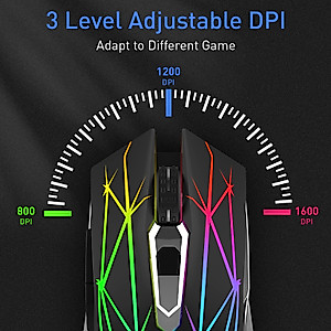 RIIKUNTEK Wireless Gaming Mouse, Computer Mouse Rechargeable with 3 Adjustable DPI, Silent Click, USB Receiver, LED Lights, 2.4GHz Portable Ergonomic RGB Optical Gamer Mice Mouse for Laptop PC Black